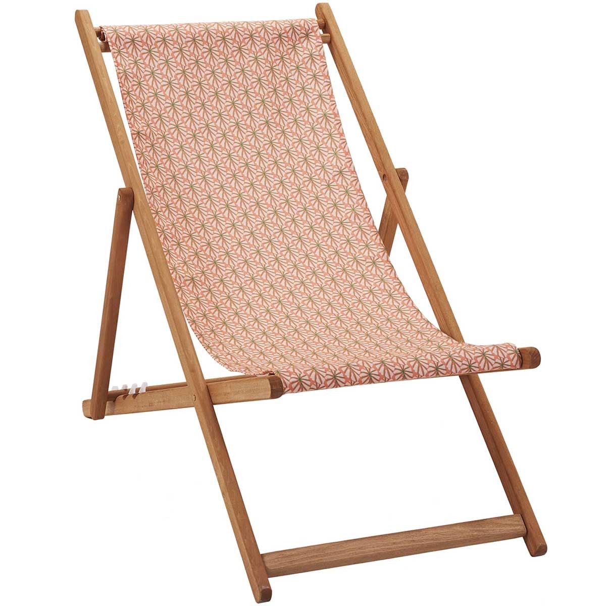 Transat bain de soleil, la chaise longue en bois pliable et tissus imprimé