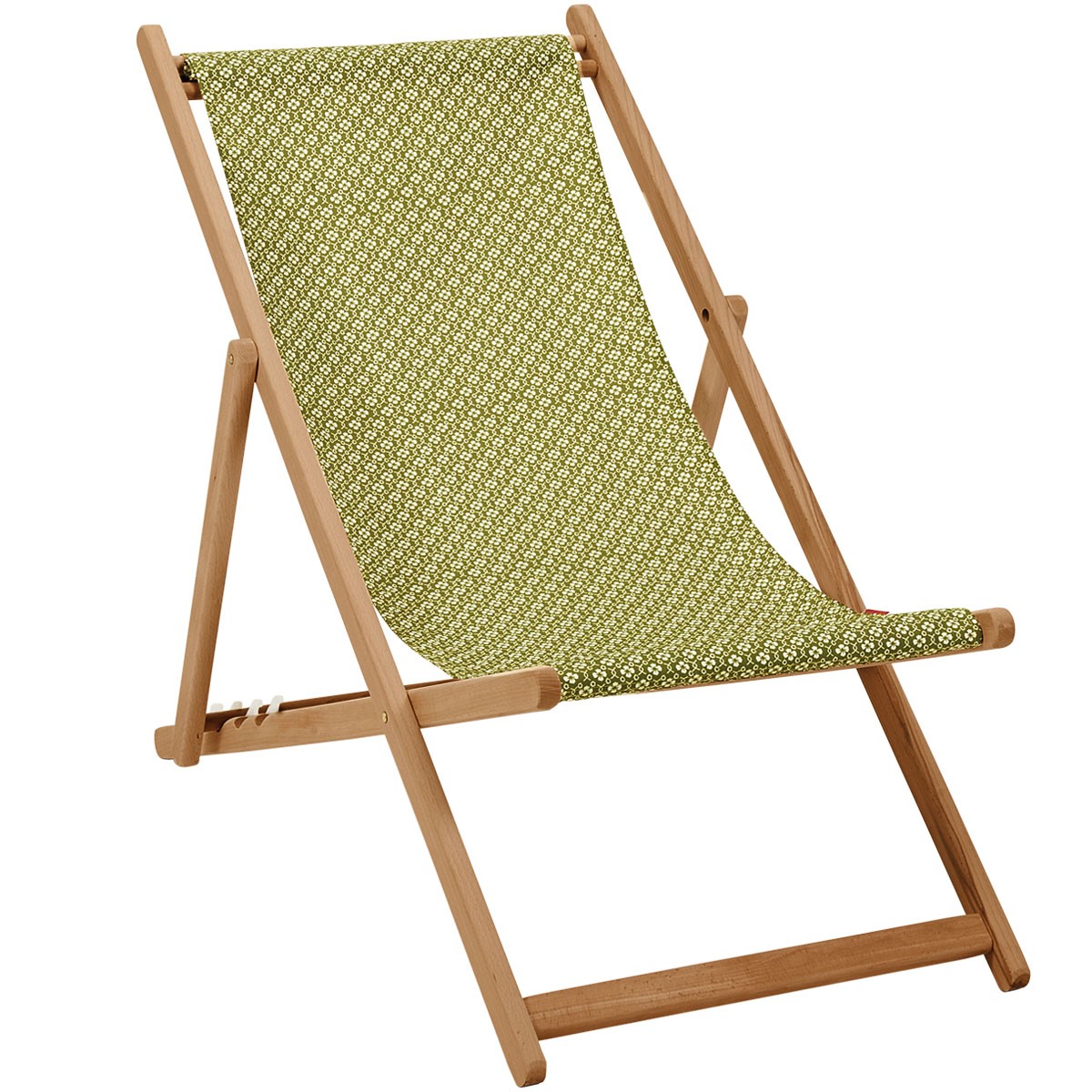 Transat bain de soleil, la chaise longue en bois pliable et tissus imprimé